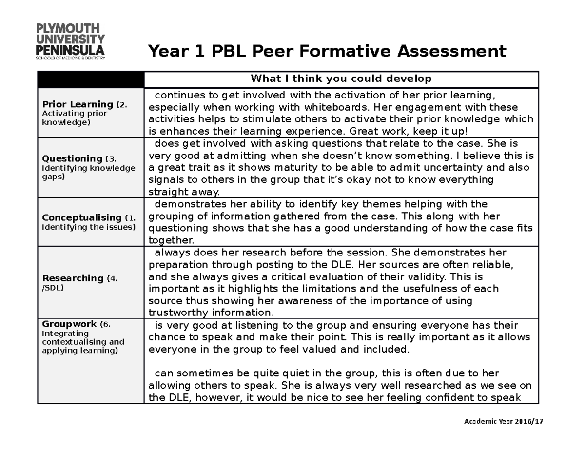 PBL Peer Formative Assessment example 2 - Year 1 PBL Peer Formative ...
