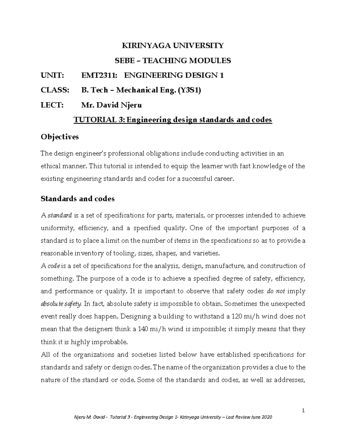 Tutorial 3 Design Standards and codes - 1 KIRINYAGA UNIVERSITY SEBE ...