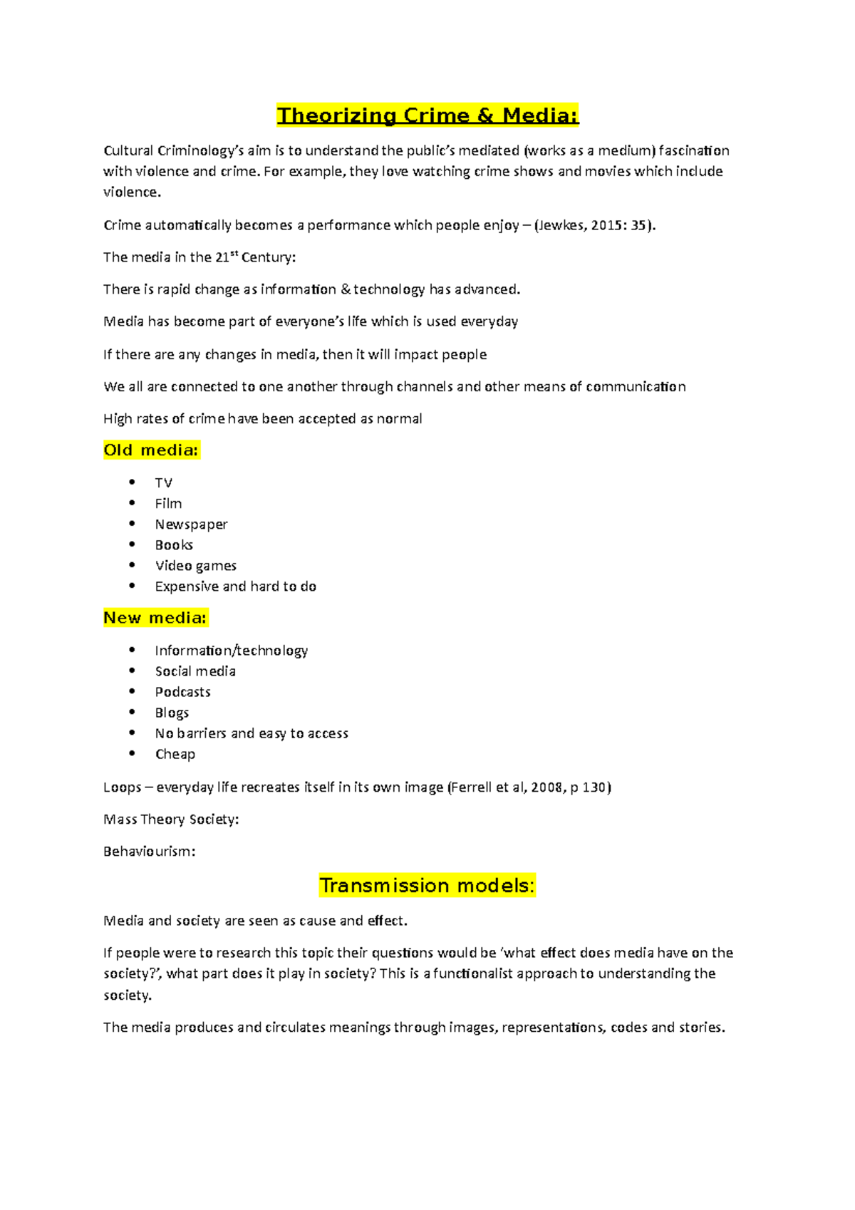 Crime media 2 - Lecture notes - Theorizing Crime & Media: Cultural ...