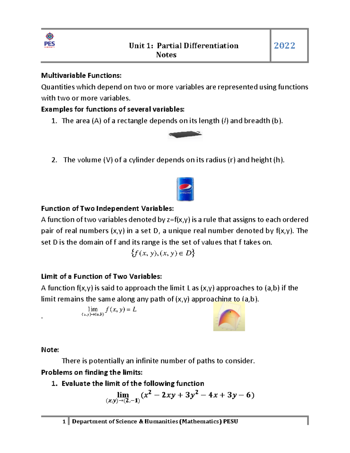 Partial differentiation - Notes 2022 Multivariable Functions ...