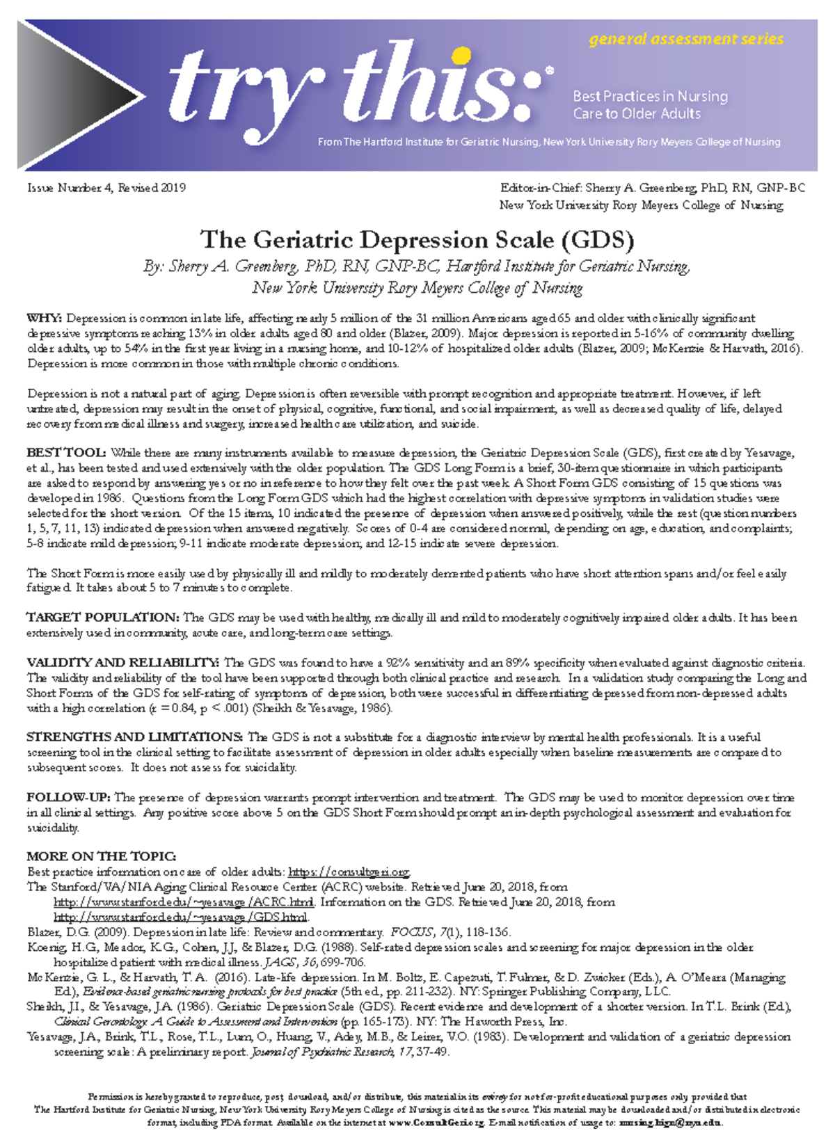 Geriatric Depression Scale - From The Hartford Institute for Geriatric ...