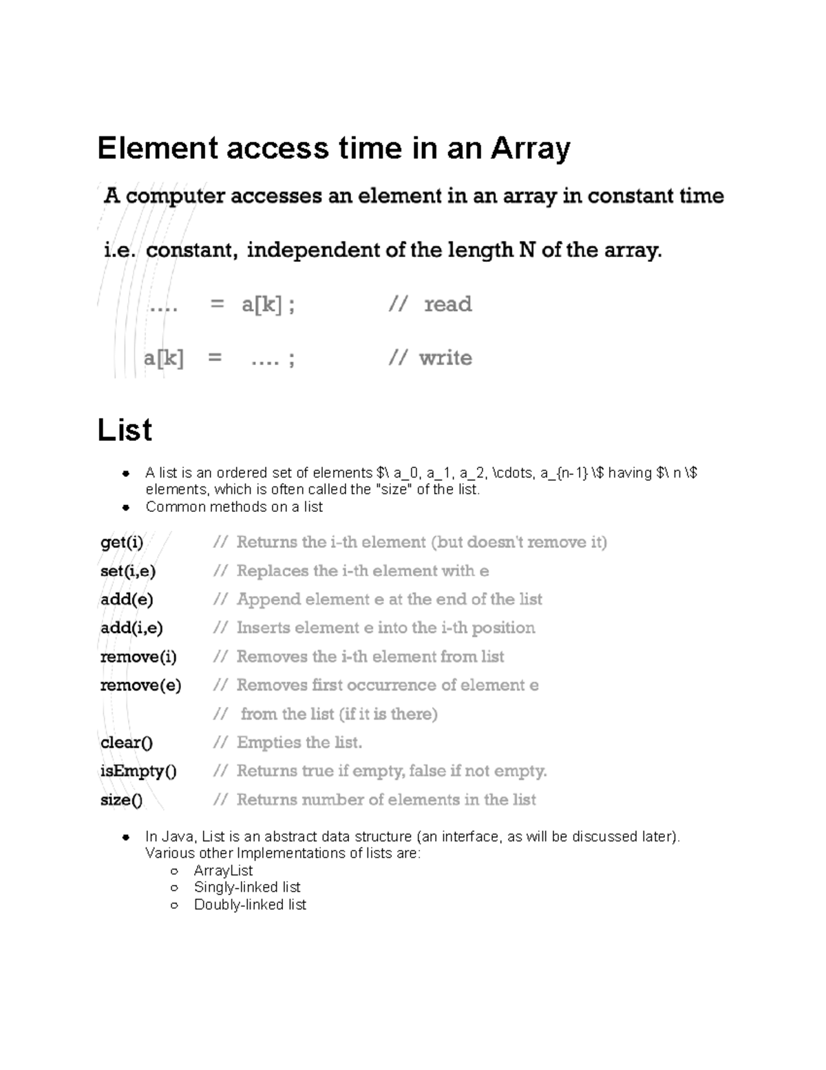Lecture 11 - course work for cosc 3100 marquette - Element access time in an Array List A list ...