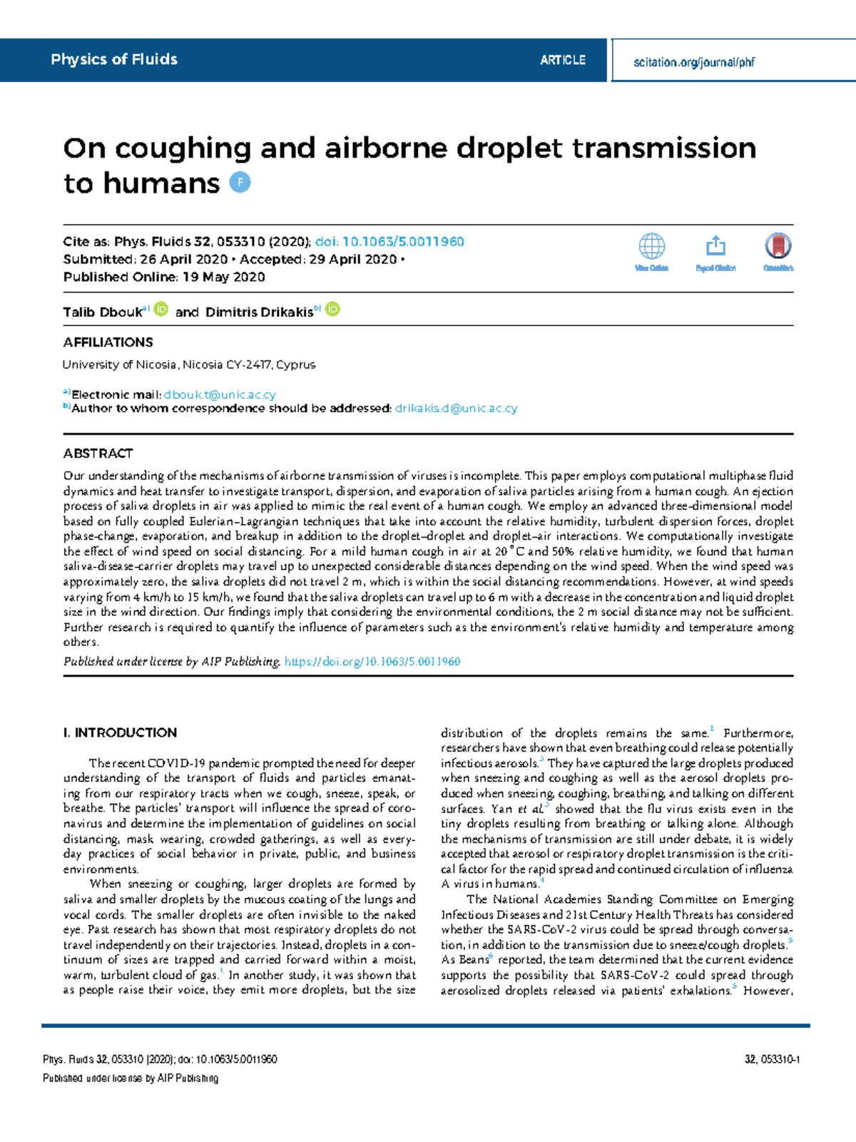 Dbouk- On coughing and airborne droplet transmission to humans - On ...