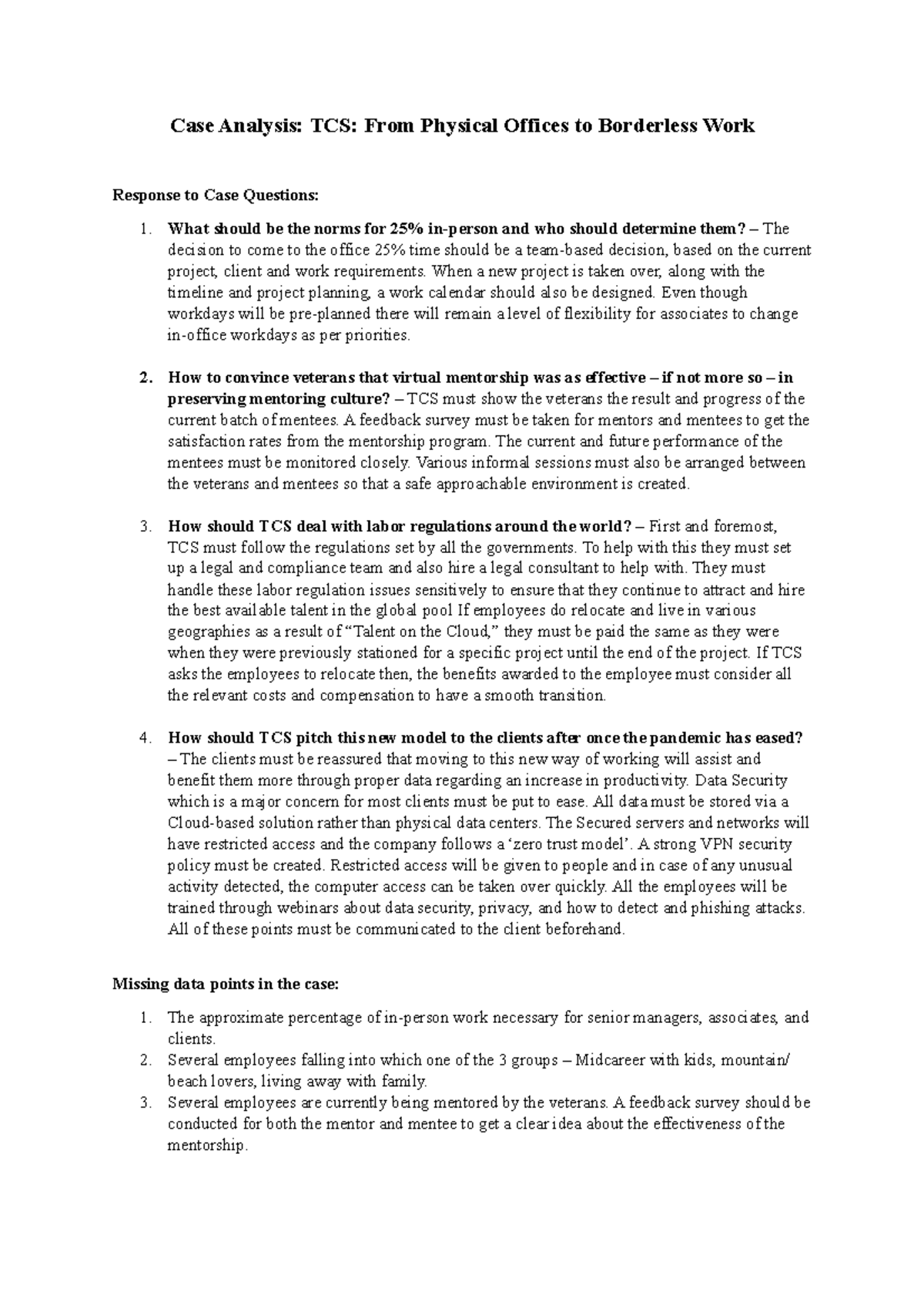 Group 2 TCS Case Analysis - Case Analysis: TCS: From Physical Offices ...