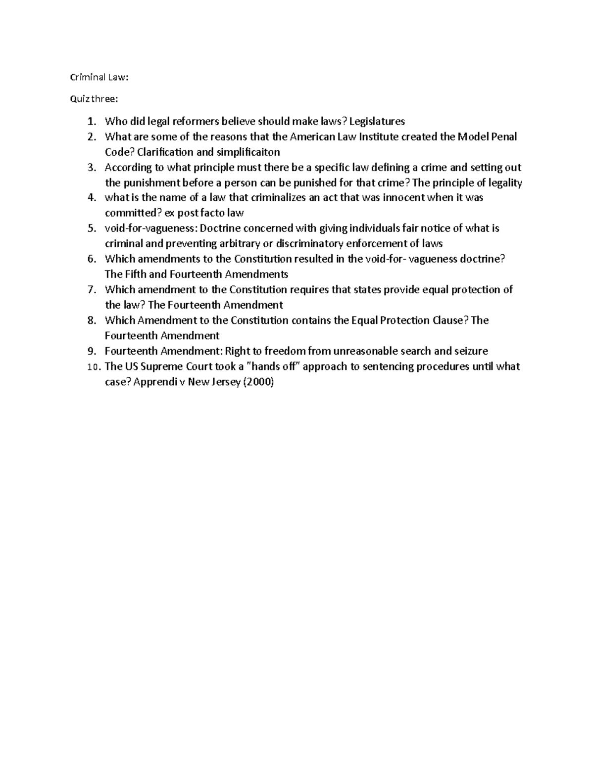 Criminal law quiz 3 - Criminal Law: Quiz three: Who did legal reformers ...