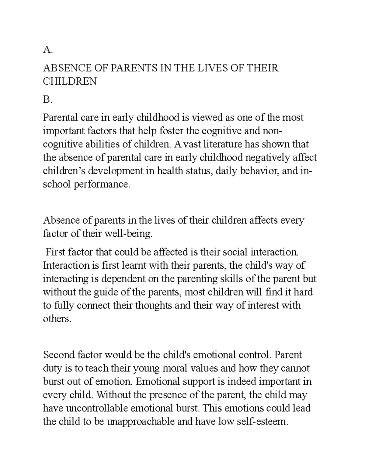 Shaira - A. ABSENCE OF PARENTS IN THE LIVES OF THEIR CHILDREN B ...