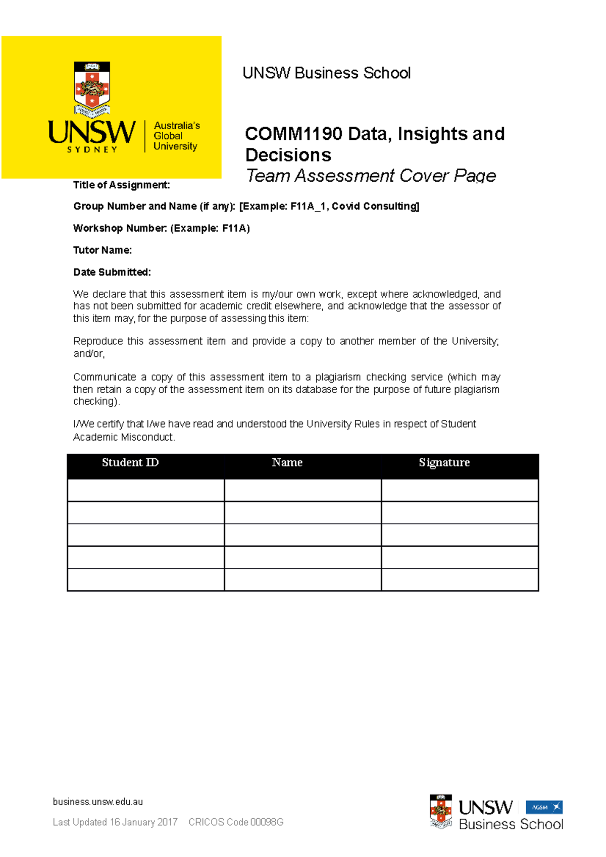 COMM1190 Team Assessment Cover Page - Title of Assignment: Group Number ...