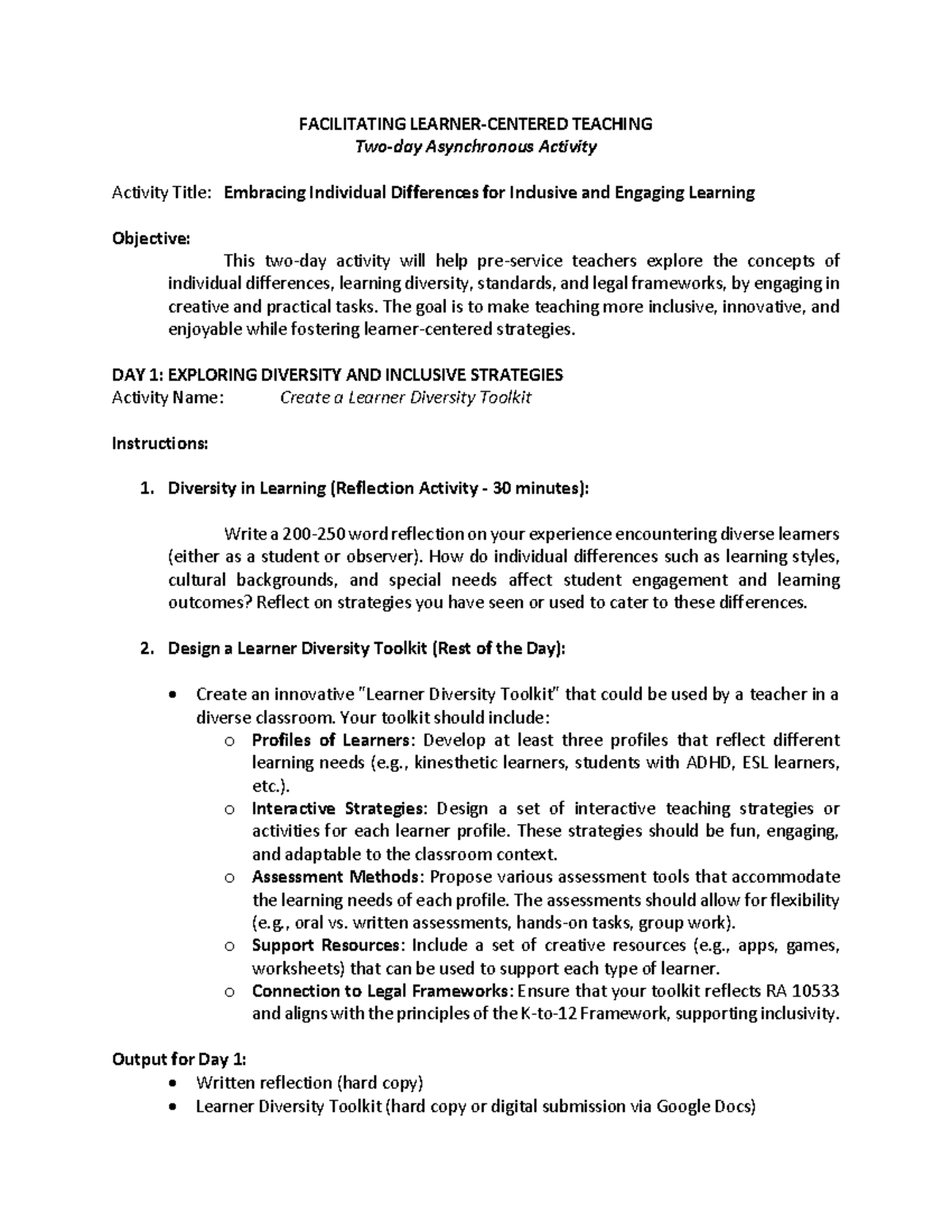 FLCT Asynchronous Individual Differences - FACILITATING LEARNER-CENTERED TEACHING Two-day - Studocu