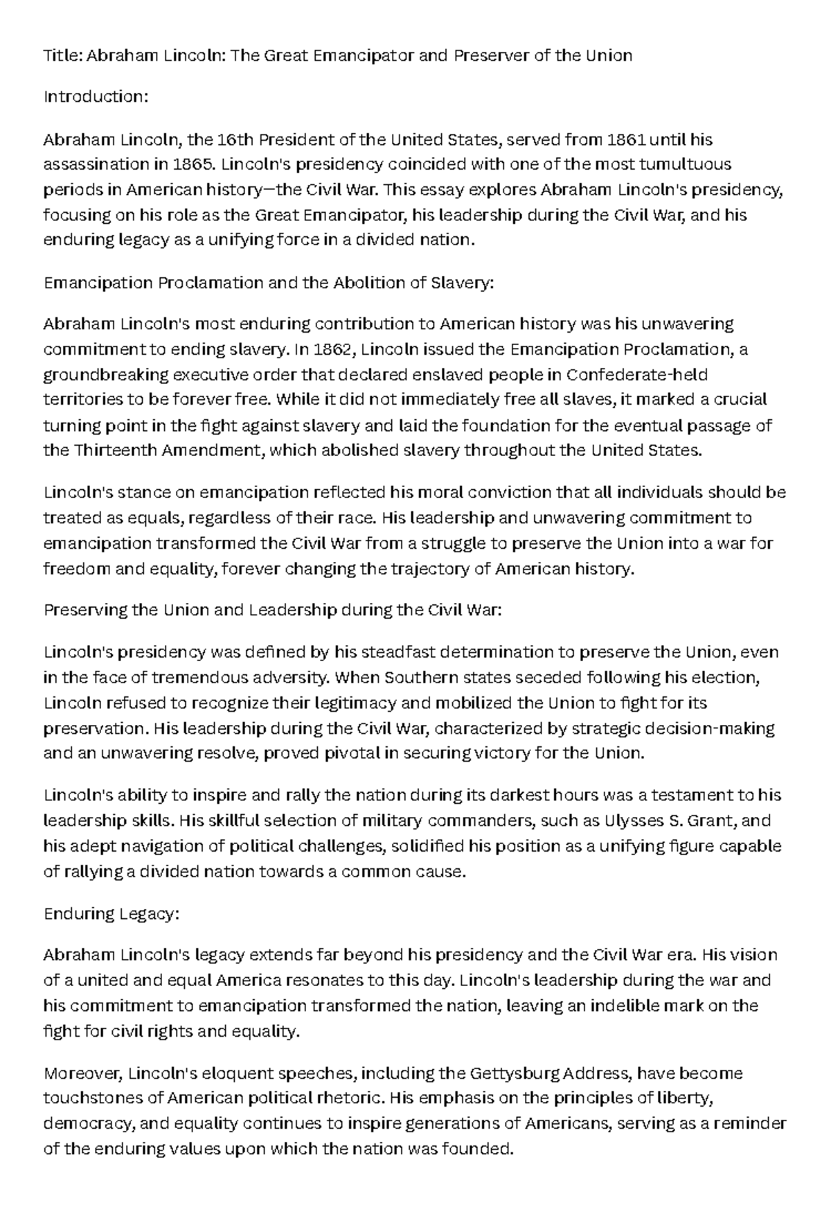 Title Abraham Lincoln The Great Emancipator and Preserver of the Union ...