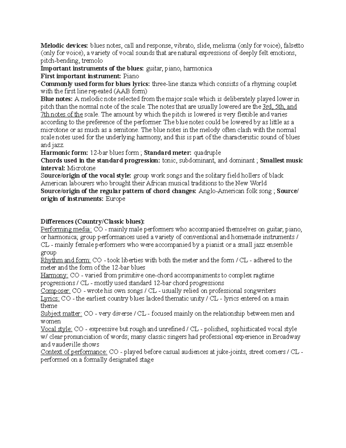 Music Test Notes 2 - Jazz Culture - Melodic devices: blues notes, call ...