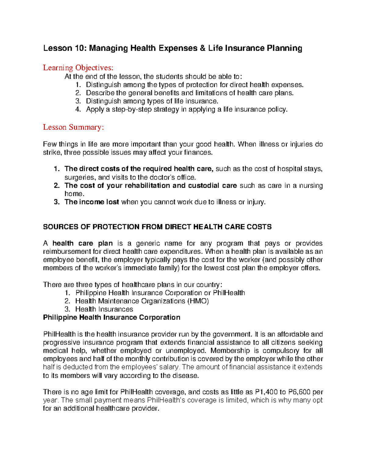 Lesson 10-Managing Health Expenses & Life Insurance Planning - Lesson ...