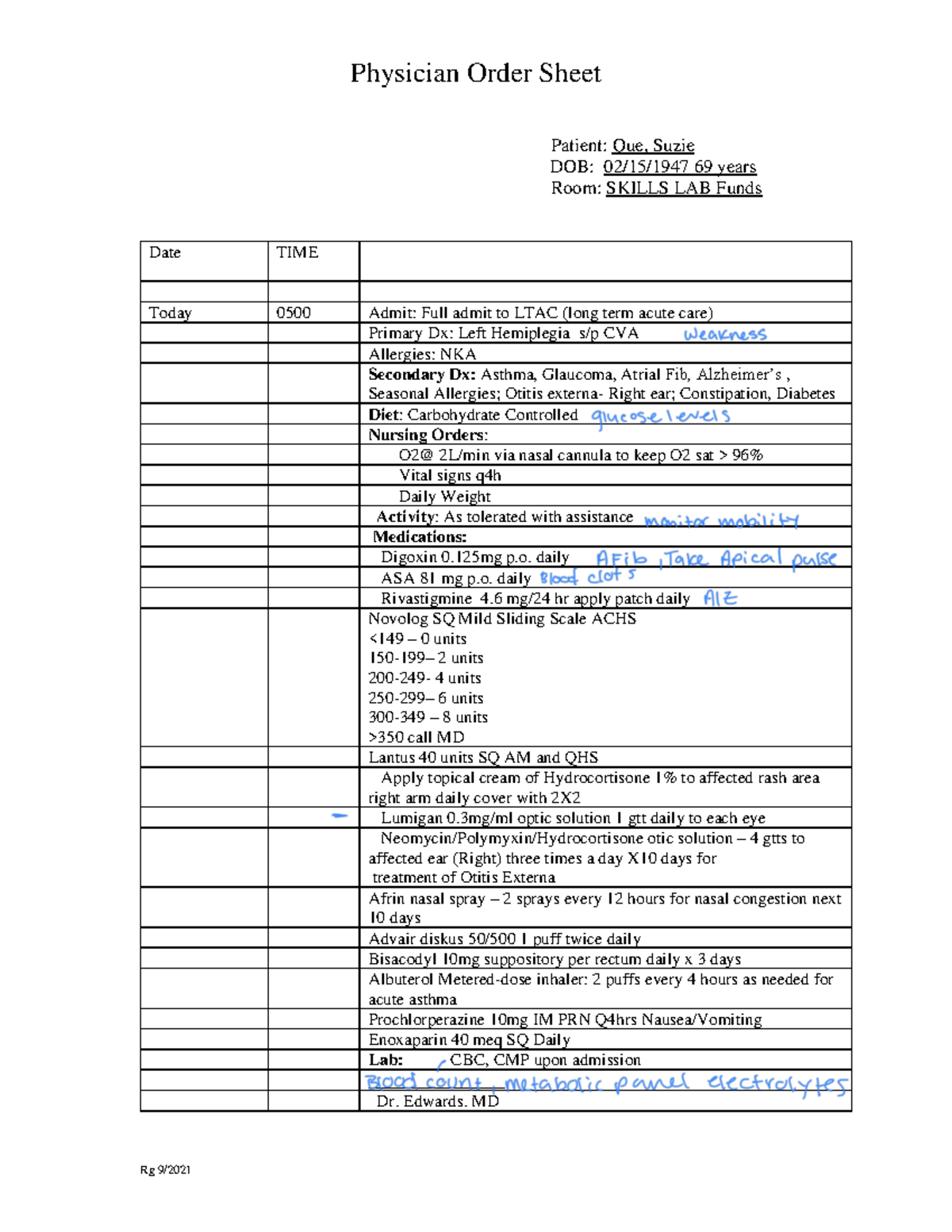 MD Orders- Suzie Que - susie q med sheet - Physician Order Sheet Rg 9 ...