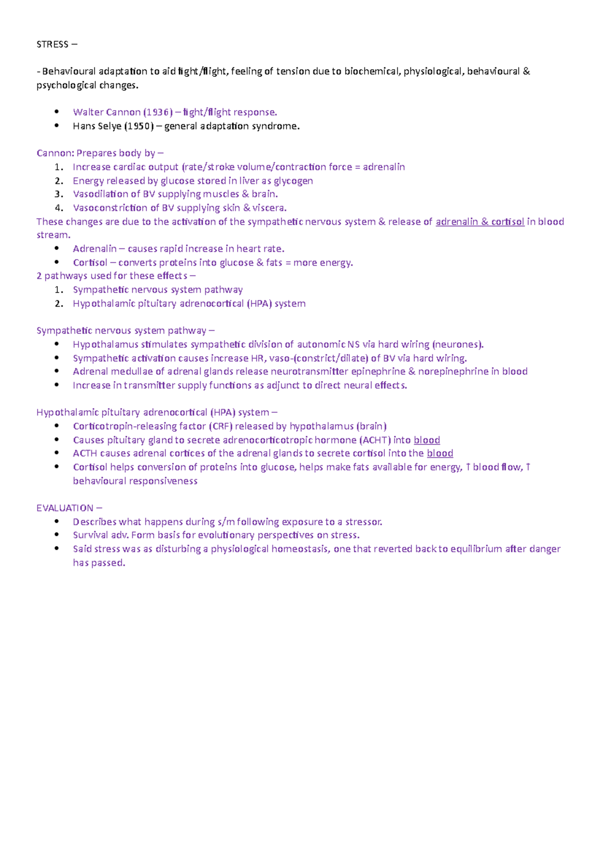 Stress - Lecture notes 2 - STRESS – Behavioural adaptation to aid fight ...