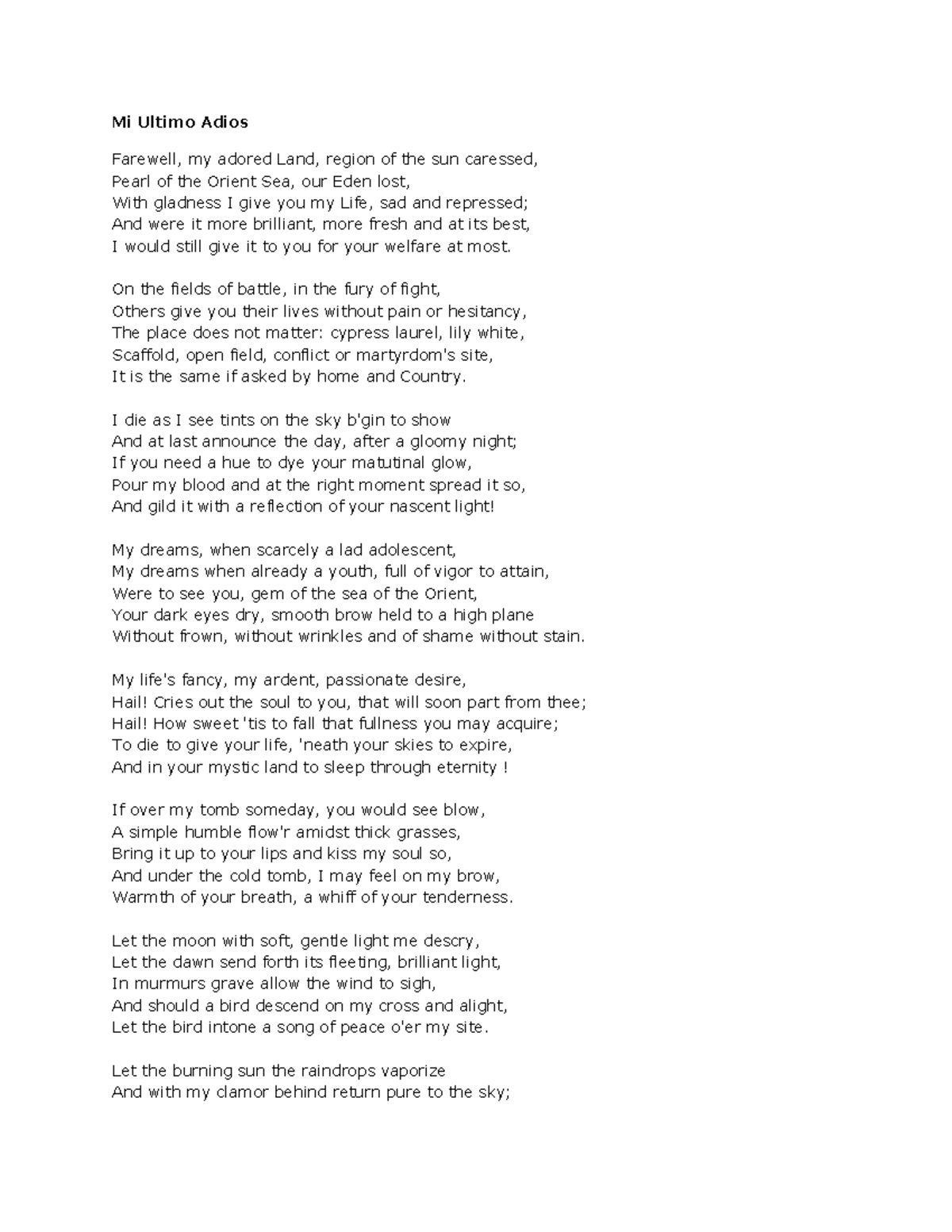 Mi Ultimo Adios by Jose Rizal - Mi Ultimo Adios Farewell, my adored ...