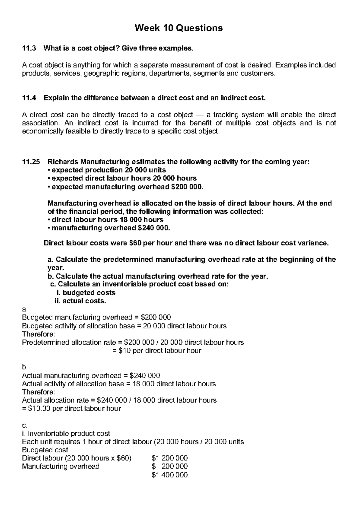 9 Answer Week 10 Questions 11 What Is A Cost Object Give Three