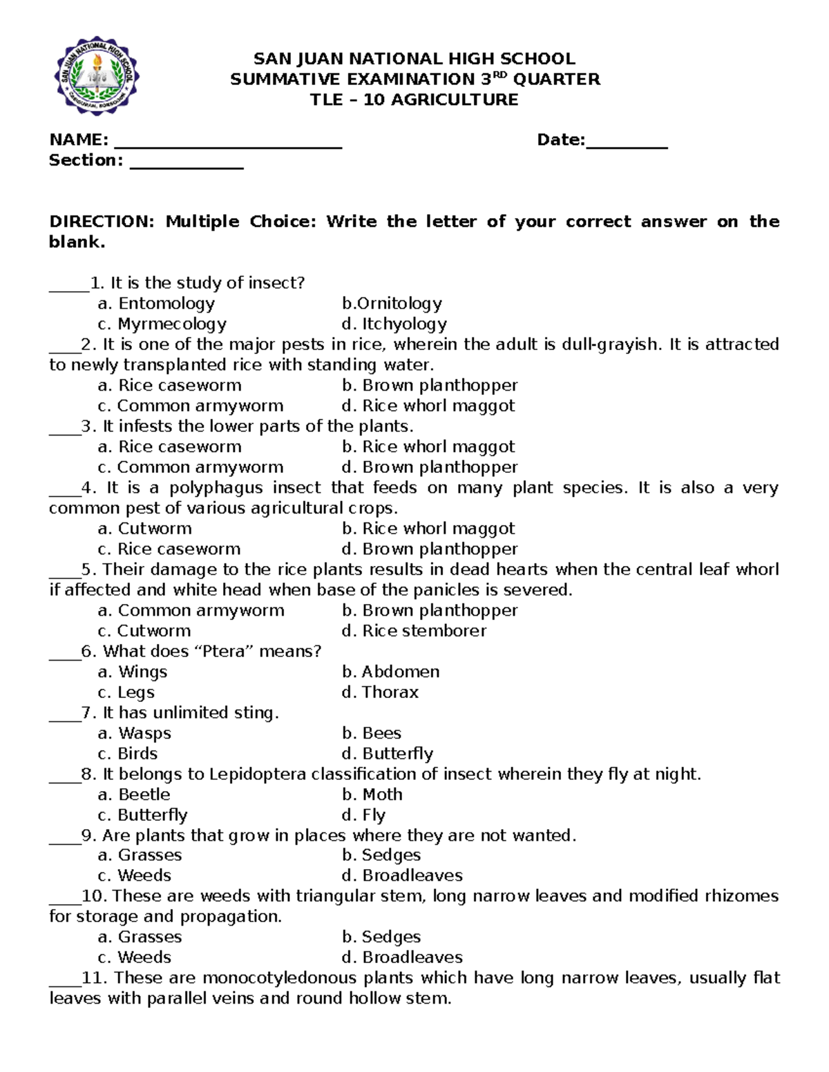 3RD Quarter EXAM IN AGRI 10 - SAN JUAN NATIONAL HIGH SCHOOL SUMMATIVE ...