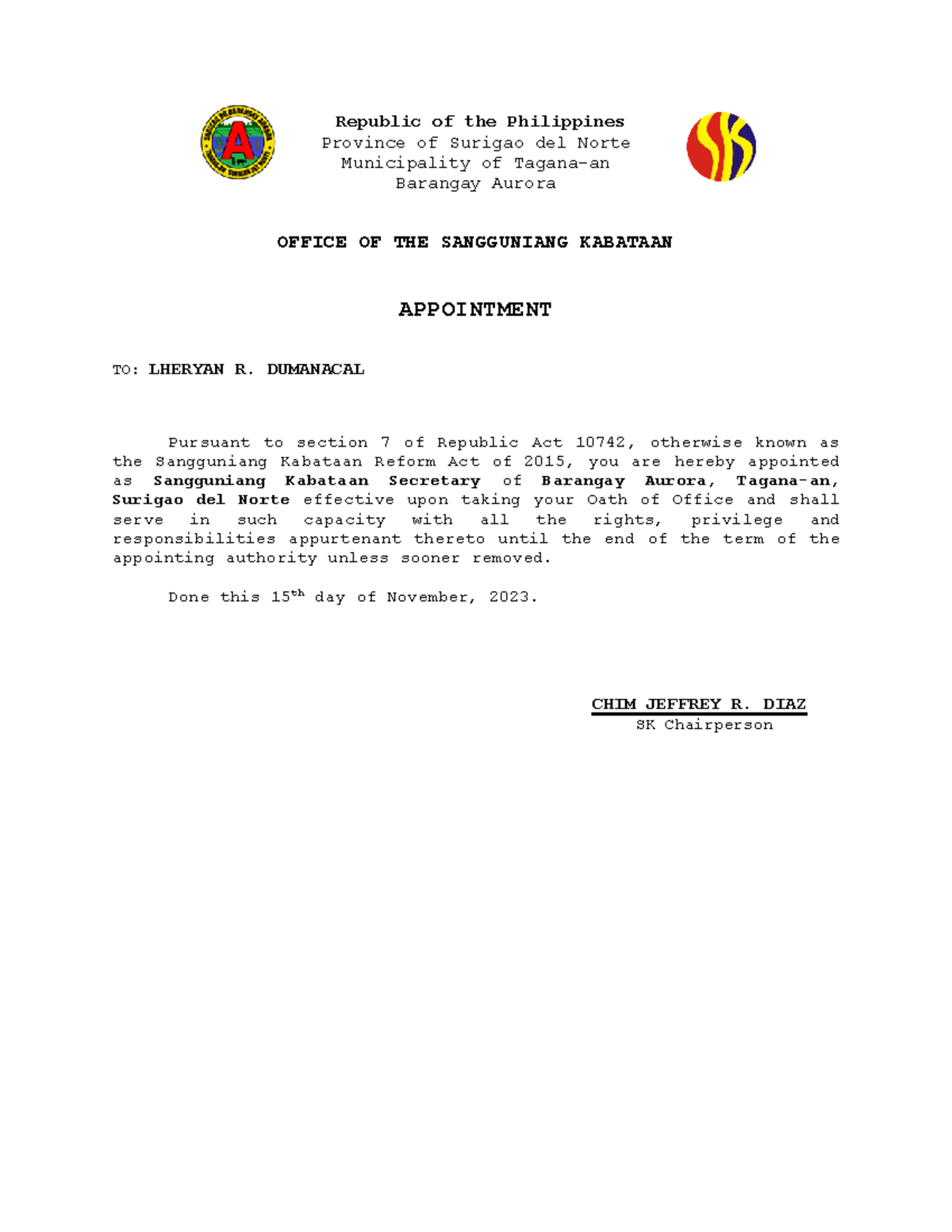 Appointment letter for Secretary and treasurer - Republic of the ...