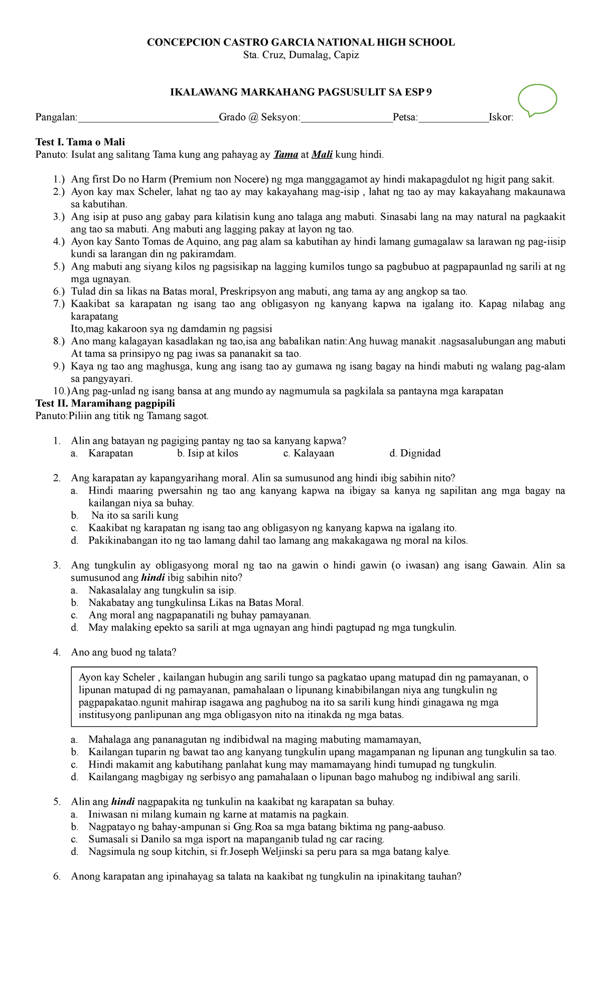 419215514 2nd Periodical Test in ESP 9 - CONCEPCION CASTRO GARCIA ...