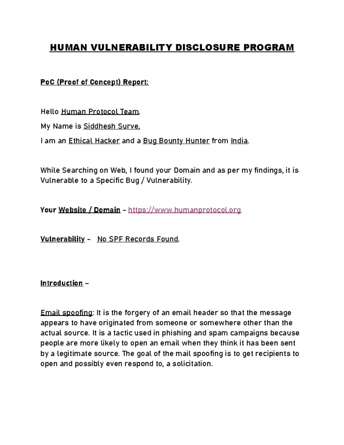 Po C Report - practical - HUMAN VULNERABILITY DISCLOSURE PROGRAM PoC ...