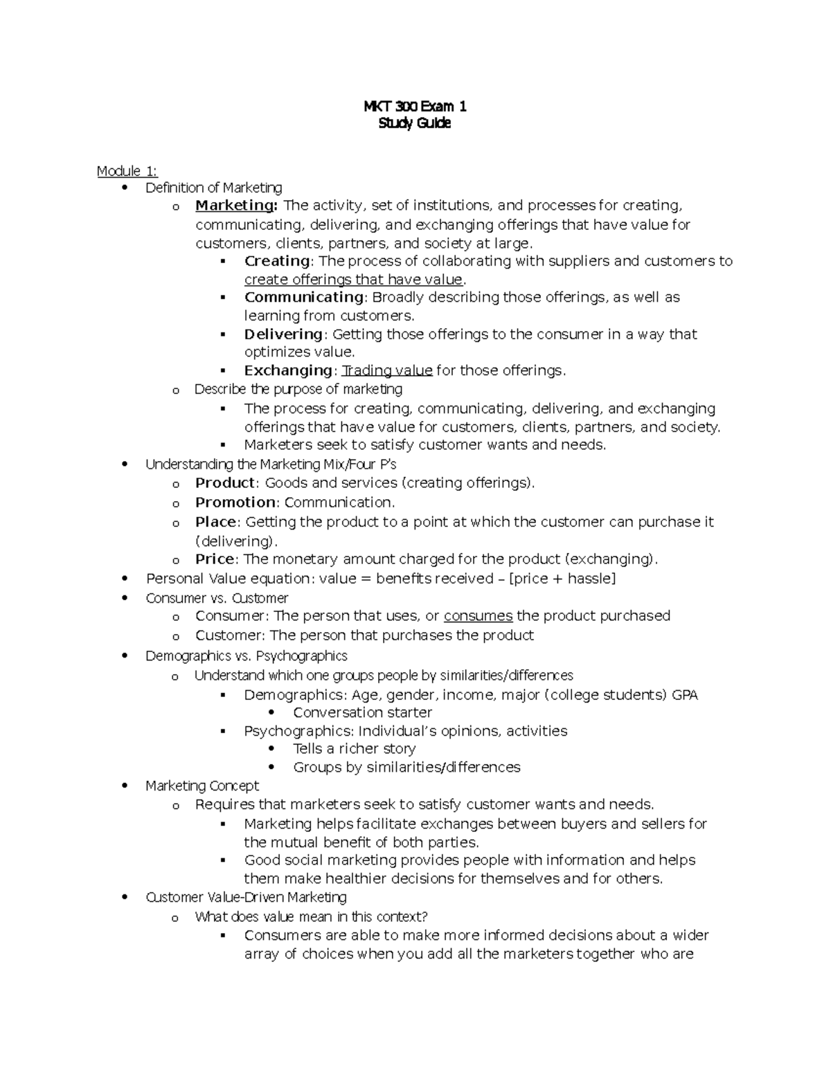 Study Guide Exam 1 - MKT 300 Exam 1 Study Guide Module 1: Definition of ...