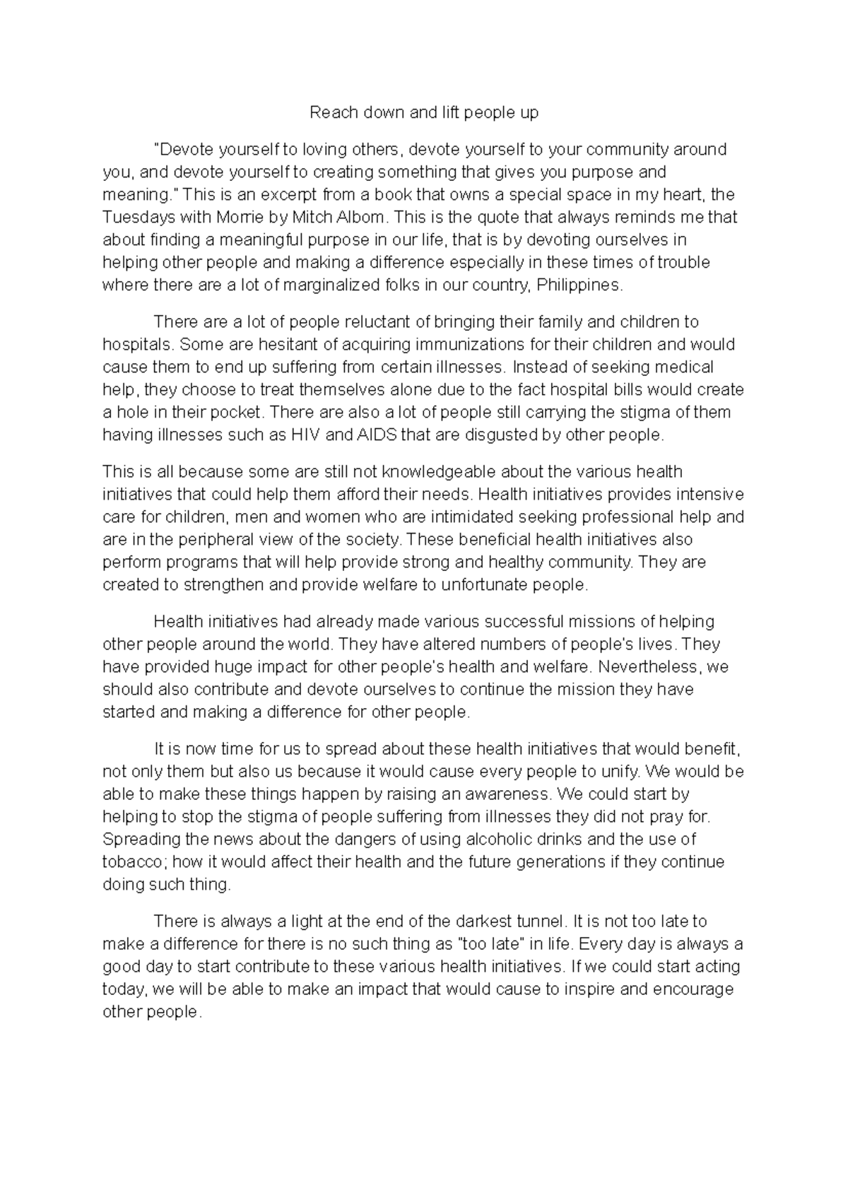 English Essay: about devoting yourself to your community - Reach down ...