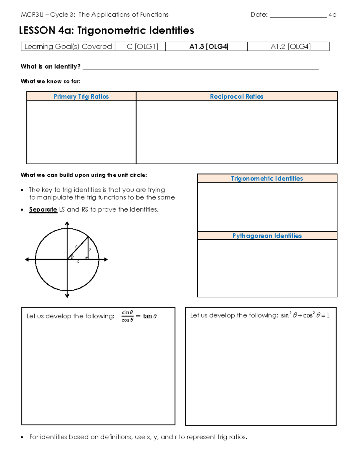 C3 - 4a - Trig Identities - MCR3U – Cycle 3: The Applications of ...