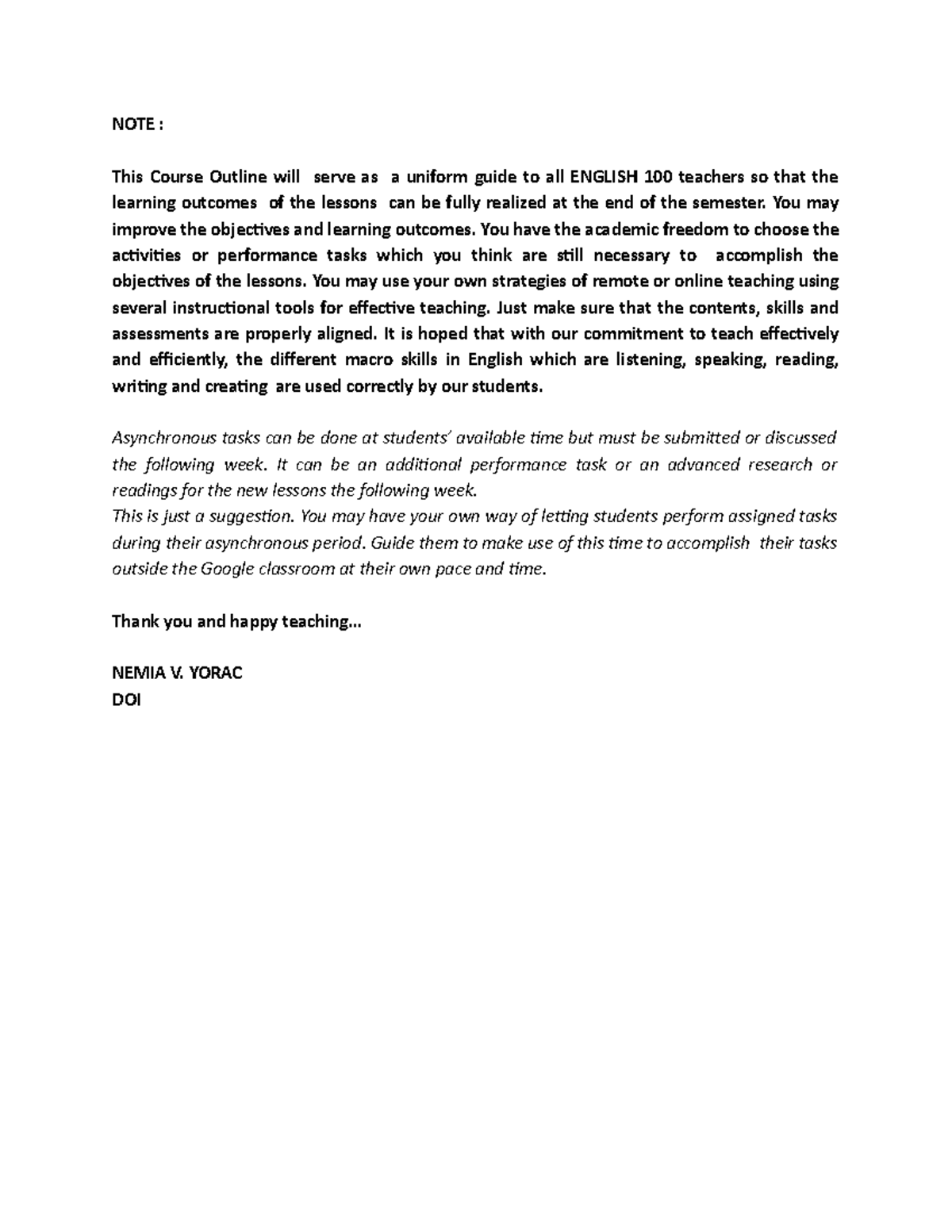 Course Outline FOR English 100 - NOTE : This Course Outline will serve ...