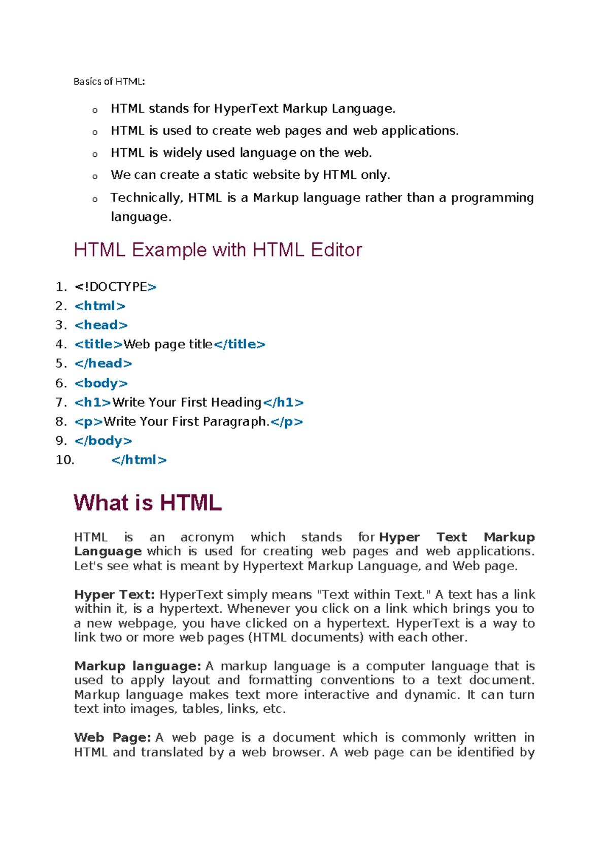 Web Tech Unit1 - Abc - Basics of HTML: o HTML stands for HyperText ...