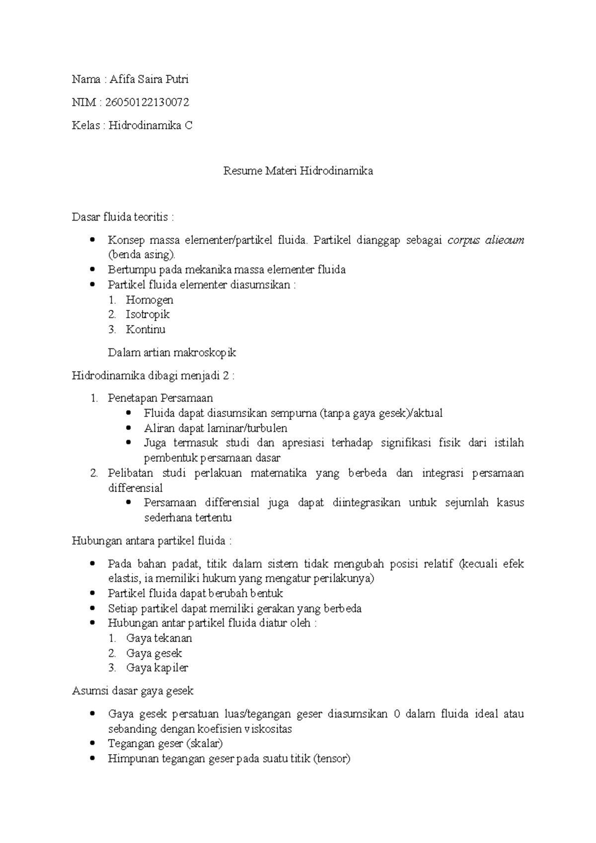 Resume hidrodinamika - Nama : Afifa Saira Putri NIM : 26050122130072 ...