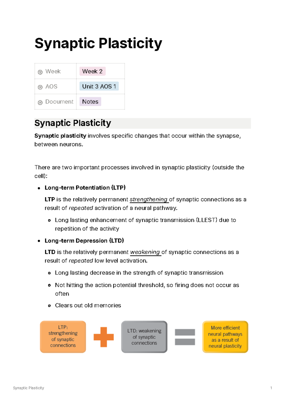 Synaptic Plasticity - Unit 3 AOS 1 - Synaptic Plasticity Week Week 2 ...