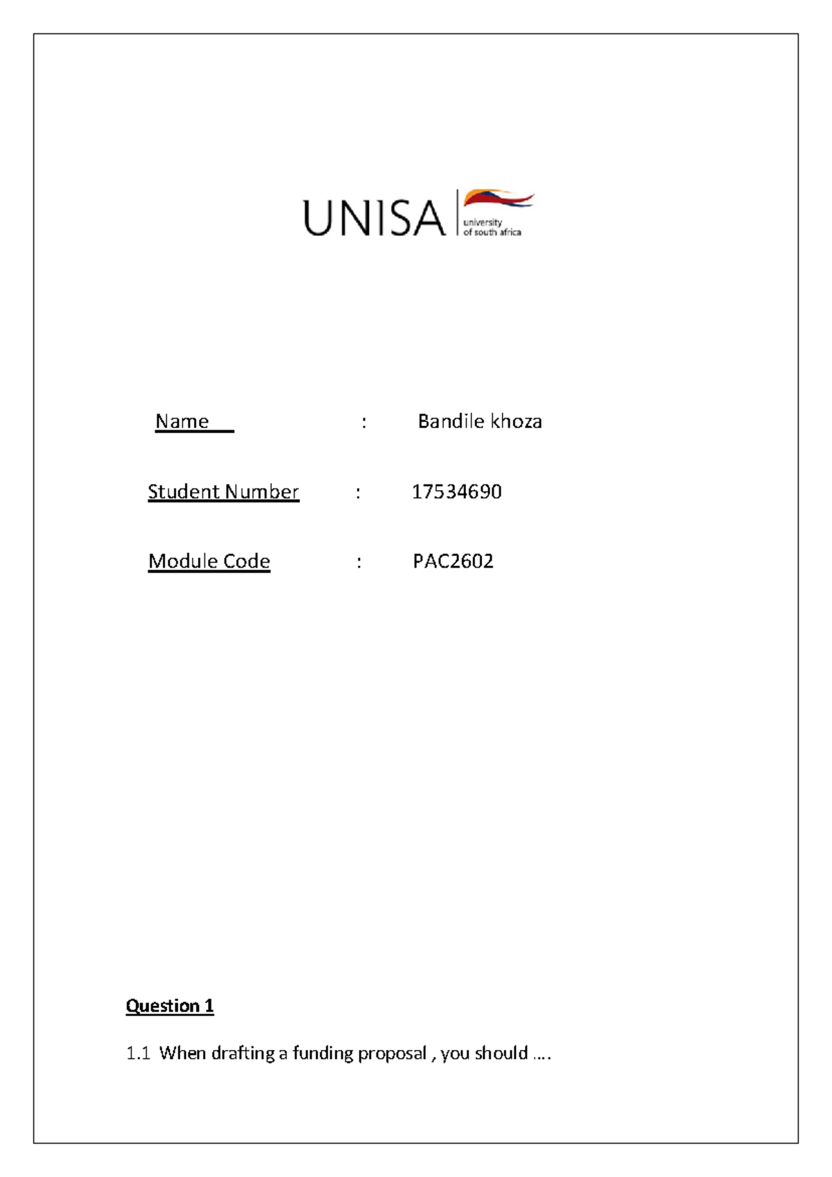 Pac2602 Practice material - Name : Bandile khoza Student Number ...