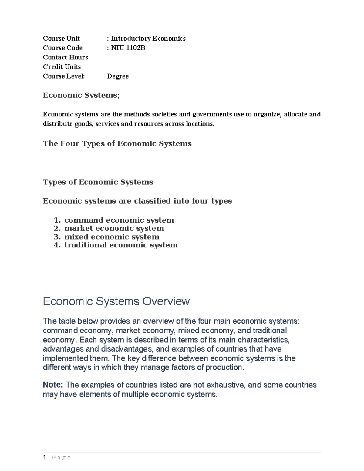 Econ Systems-Aug 224 - none - Course Unit : Introductory Economics ...