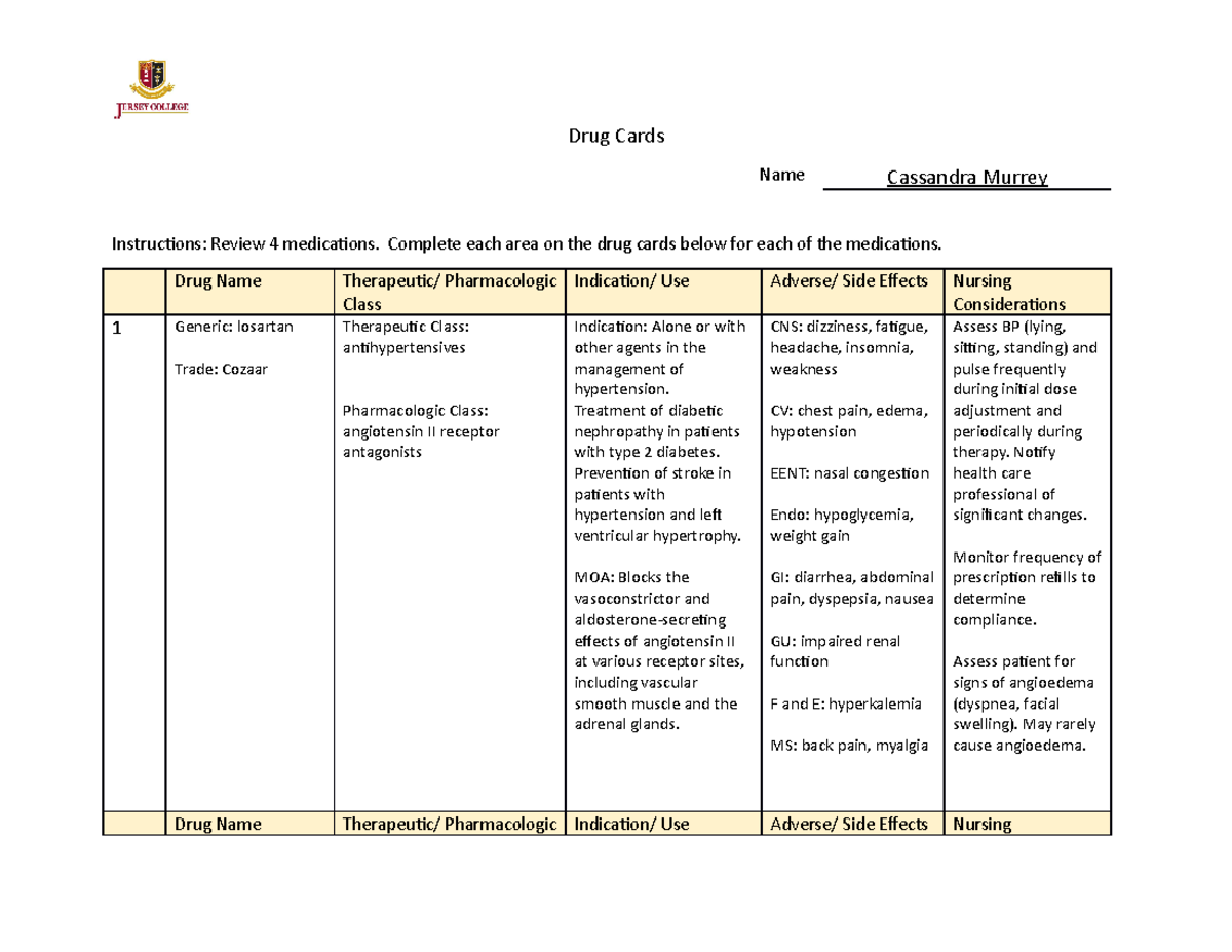 Form for Drug Card Activity - Drug Cards Name Cassandra Murrey ...