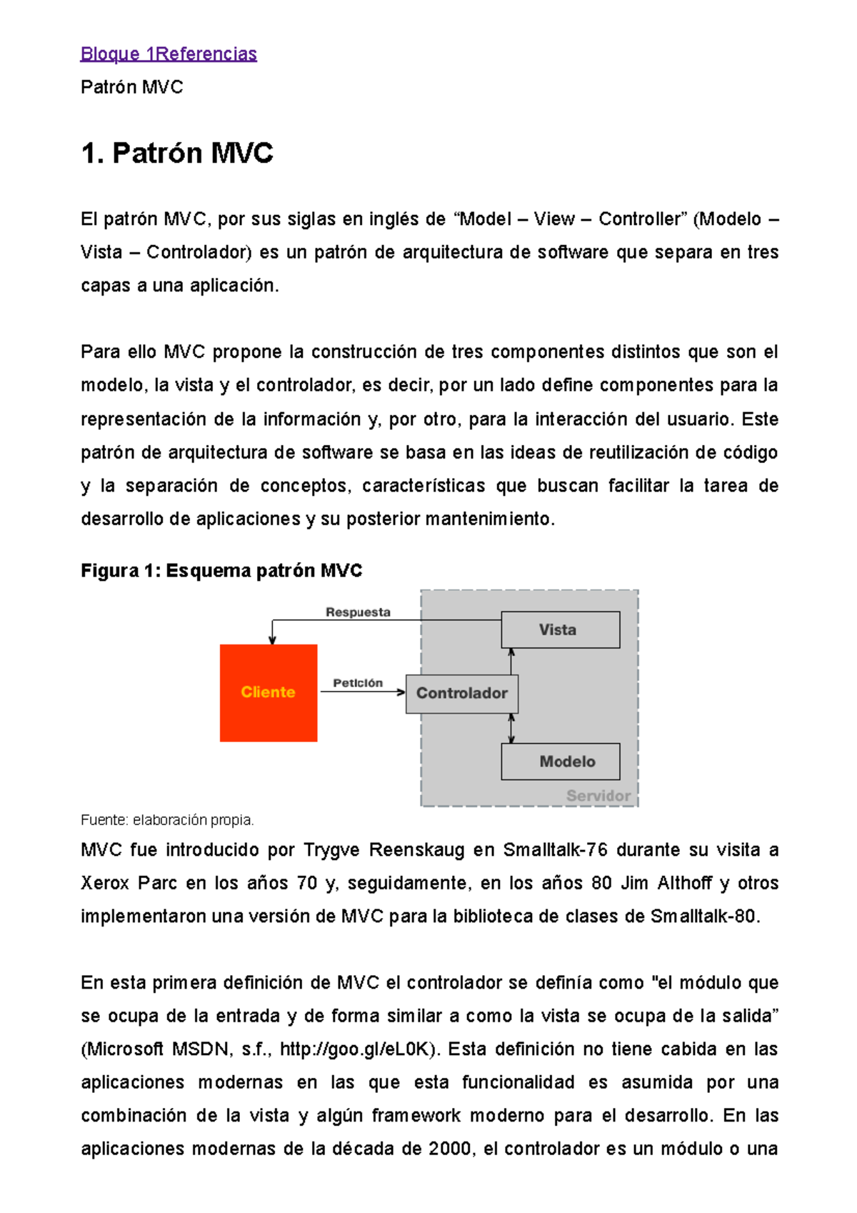 Módulo 1 - Lectura 4 - Bloque 1Referencias Patrón MVC 1. Patrón MVC El ...