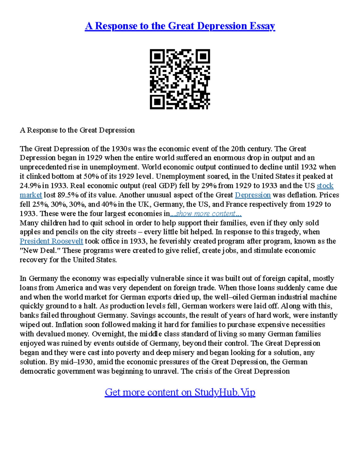 Essay Of The Great Depression - A Response to the Great Depression Essay A Response to the Great ...