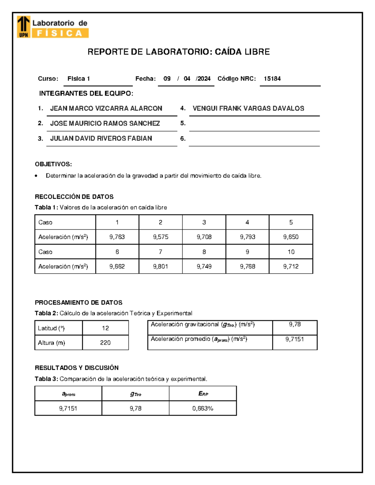 Reporte LAB FISI1 S03 CL 2024 - REPORTE DE LABORATORIO: CAÍDA LIBRE Curso: Fisica 1 Fecha: 09 ...