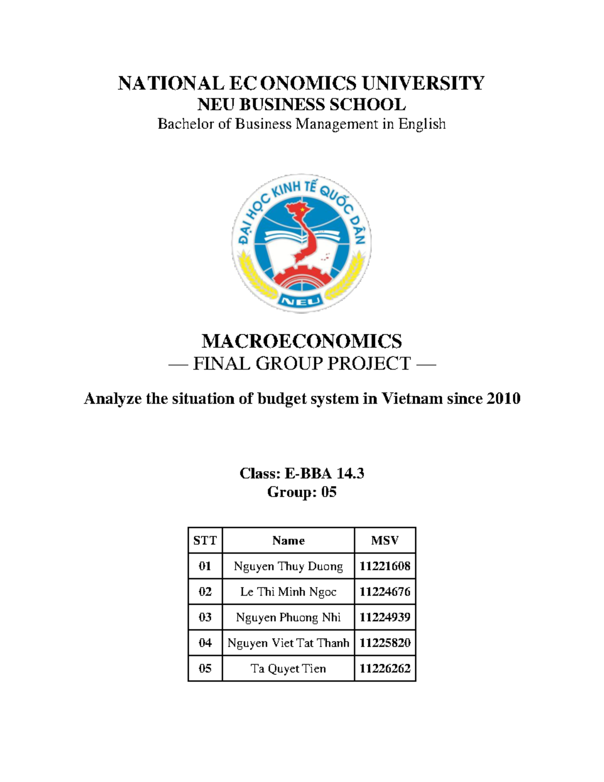 Final Assignment - NATIONAL EC ONOMICS UNIVERSITY NEU BUSINESS SCHOOL ...