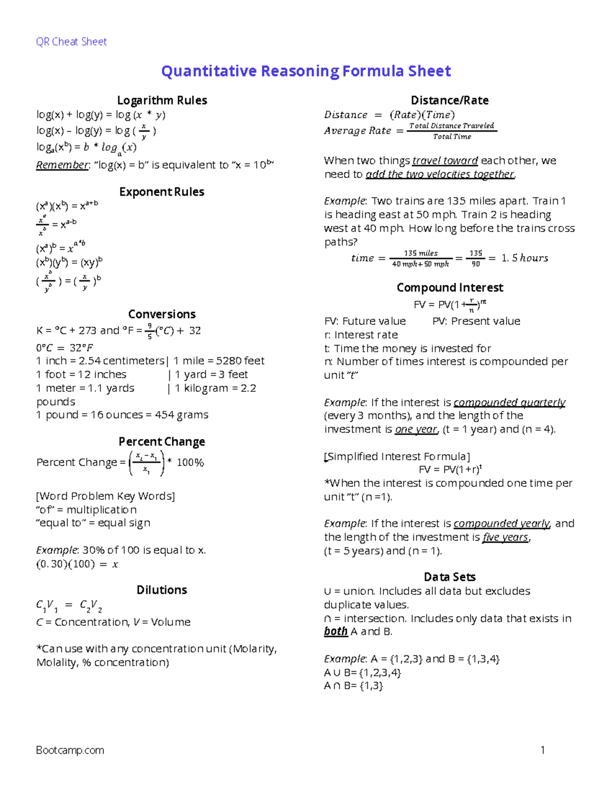 Bootcamp QR Formula Sheet - QR Cheat Sheet Quantitative Reasoning Formula Sheet Logarithm Rules ...