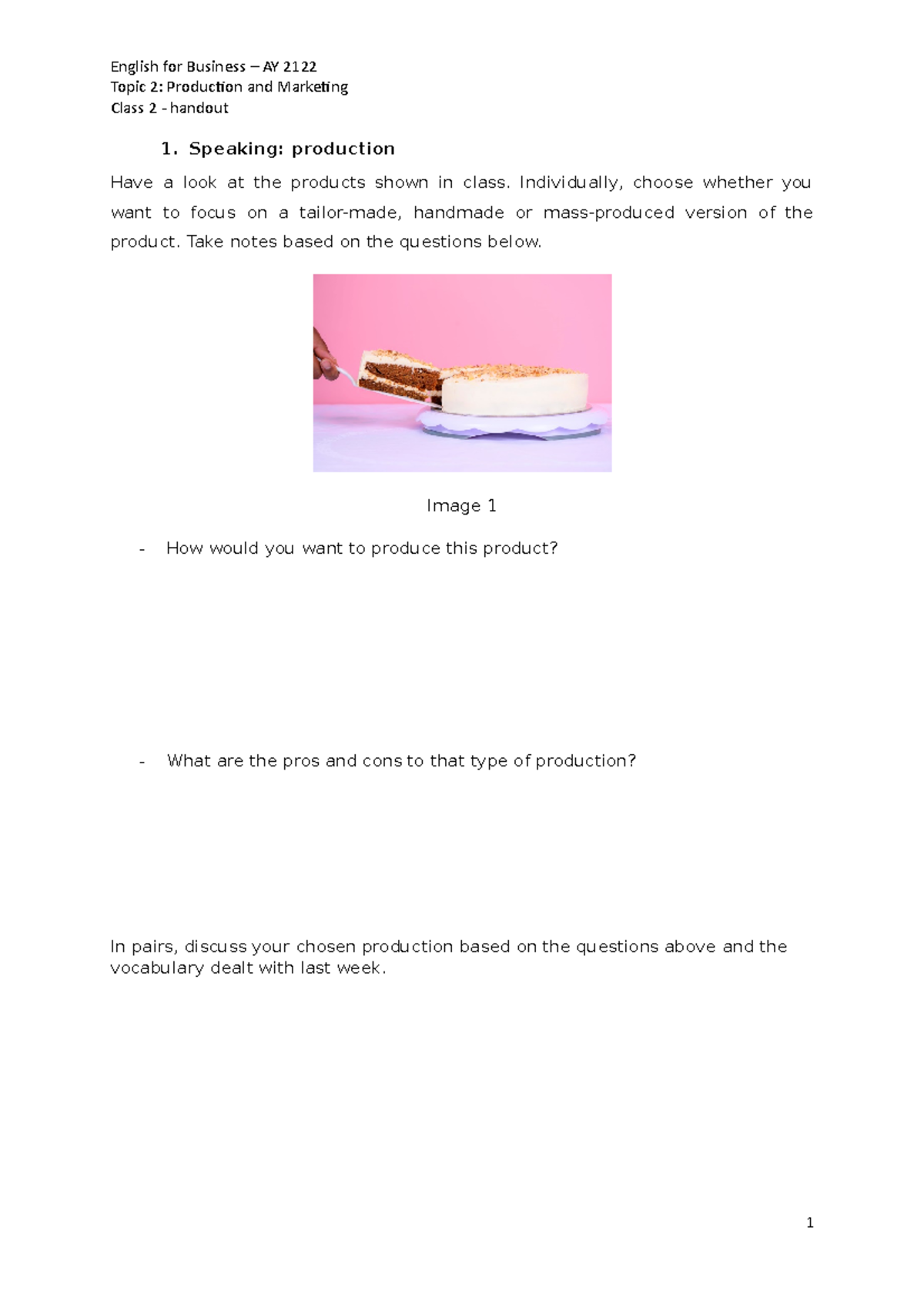 EFB Prod & Mar - Class 2 - student handout - English - HoGent - Studocu