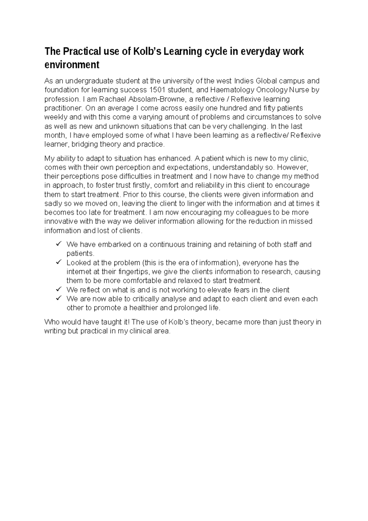 The Practical use of Kolb - I am Rachael Absolam-Browne, a reflective ...