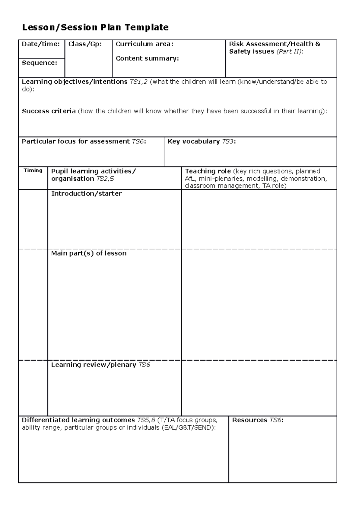 Lesson Plan and Evaluation Template - Lesson/Session Plan Template Date ...