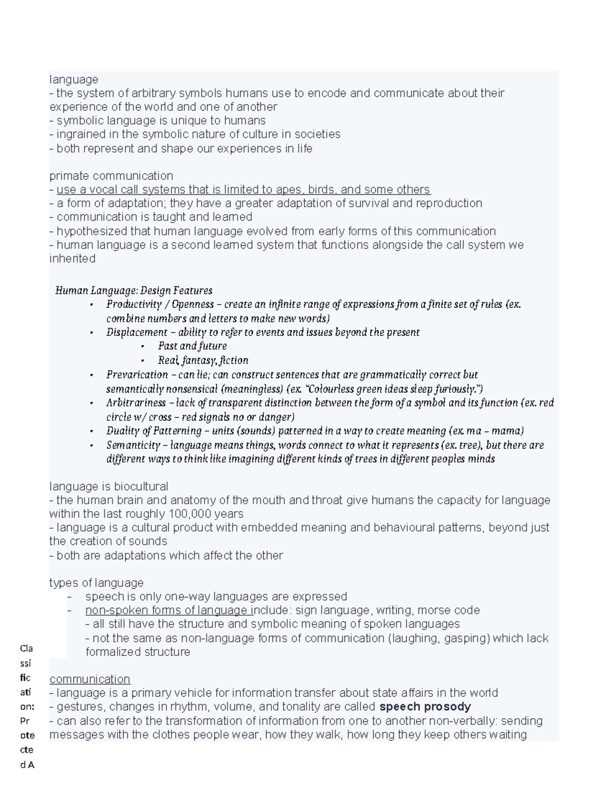 Final study guide - Cla ssi fic ati on: Pr ote cte language - the ...