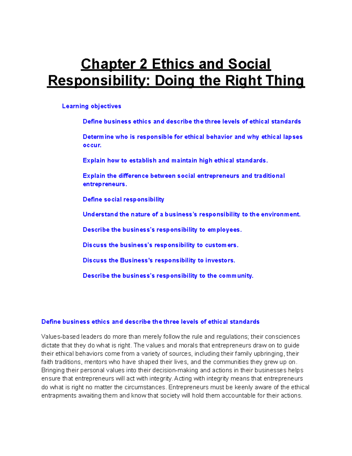 Chapter 2 Ethics and Social Responsibility: Doing the Right Thing - Studocu