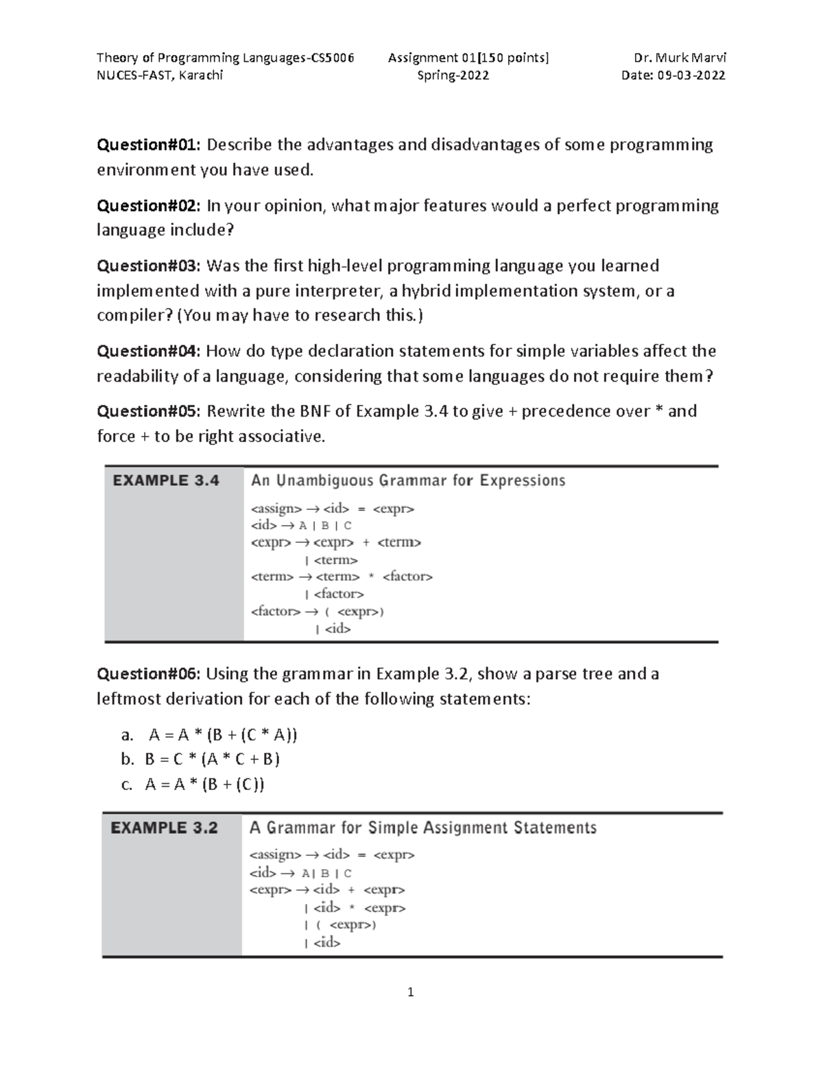 Assignment 01 Theory of Programming Languages - NUCES-FAST, Karachi Spring-2022 Date: 09 -03 ...