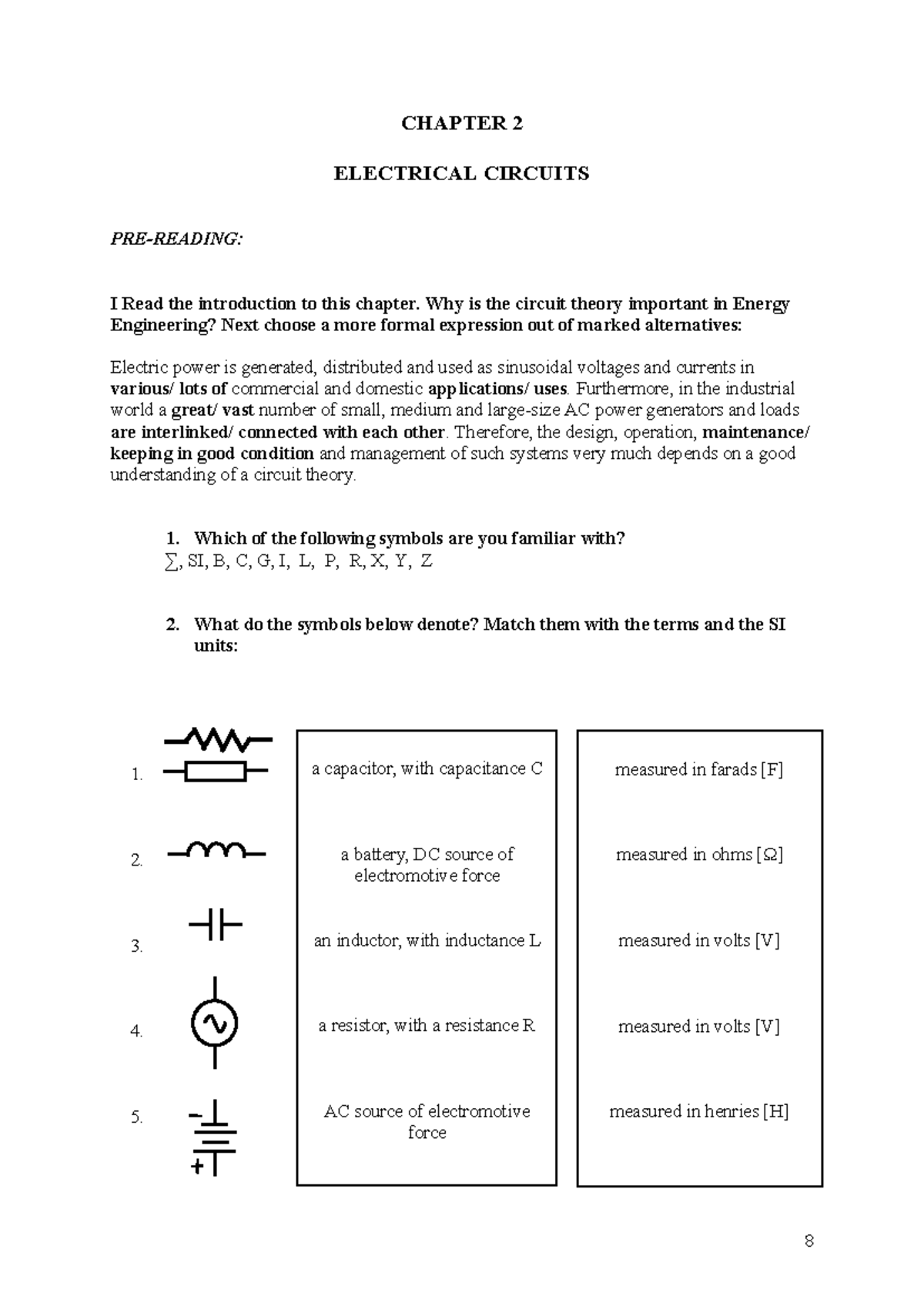 2 Electrical Circuits - CHAPTER 2 ELECTRICAL CIRCUITS PRE-READING: I ...