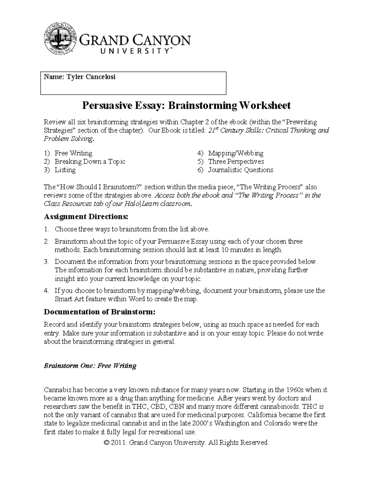 Brainstorming WKS - Name: Tyler Cancelosi Persuasive Essay ...