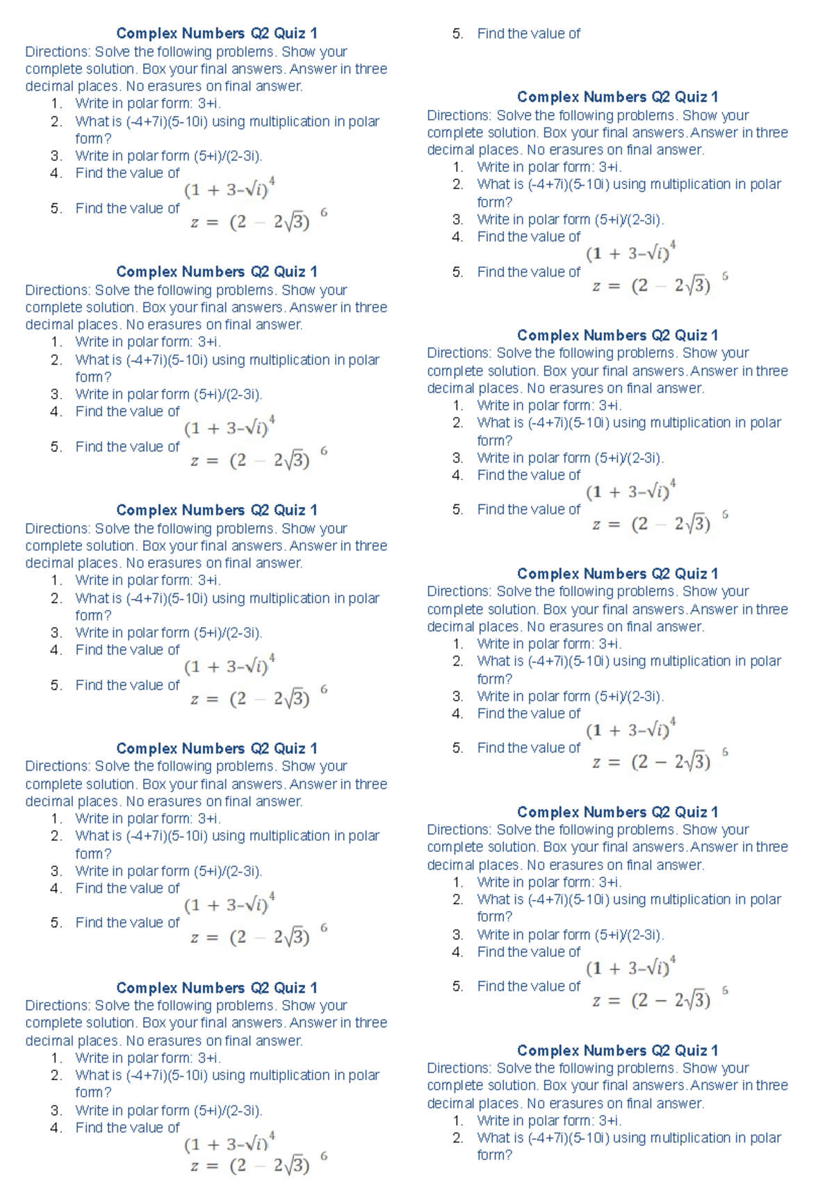 Complex Numbers activity 2 - Complex Numbers Q2 Quiz 1 Directions ...