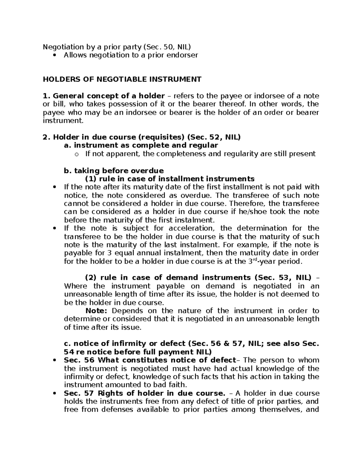 NIL-Notes- Finals - NEGOTIABLE INSTRUMENTS LAW - Negotiation by a prior ...