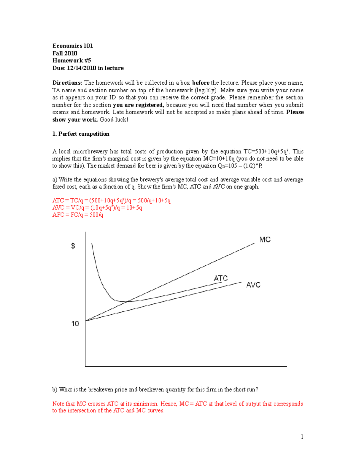 Answerstohomework 5fall2010 - Economics 101 Fall 2010 Homework #5 Due ...