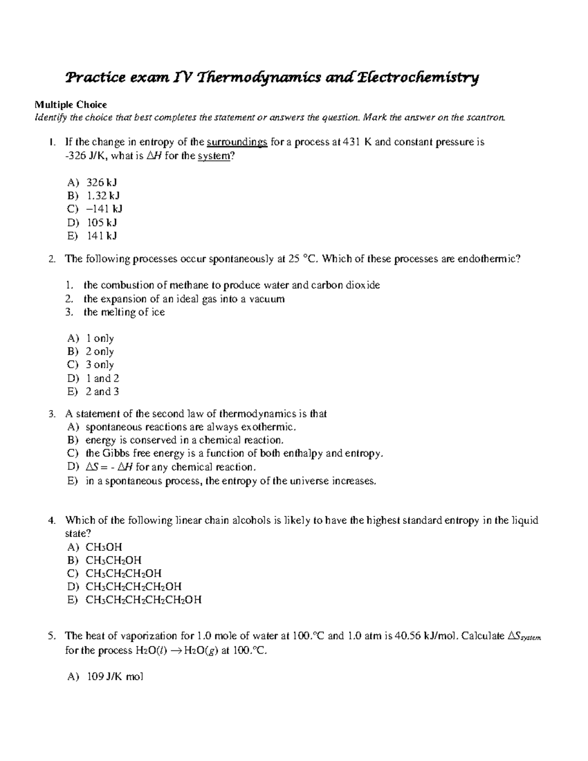 CHEM 122 Practice Exam IV - Practice exam IV Thermodynamics and ...